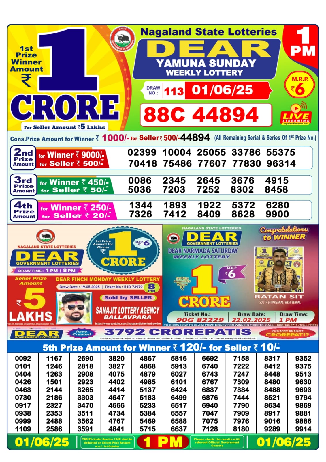 Dear Lottery Chart 1PM Result 01/06/2025 Check Now