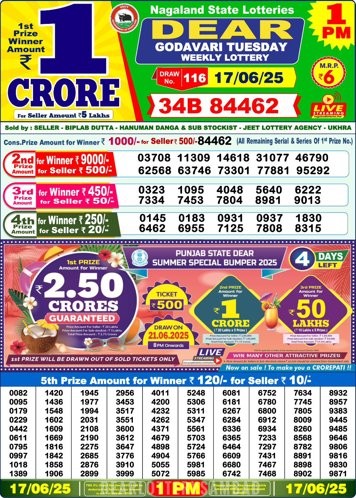 Dear Lottery Chart 1PM Result 17/06/2025 Check Now