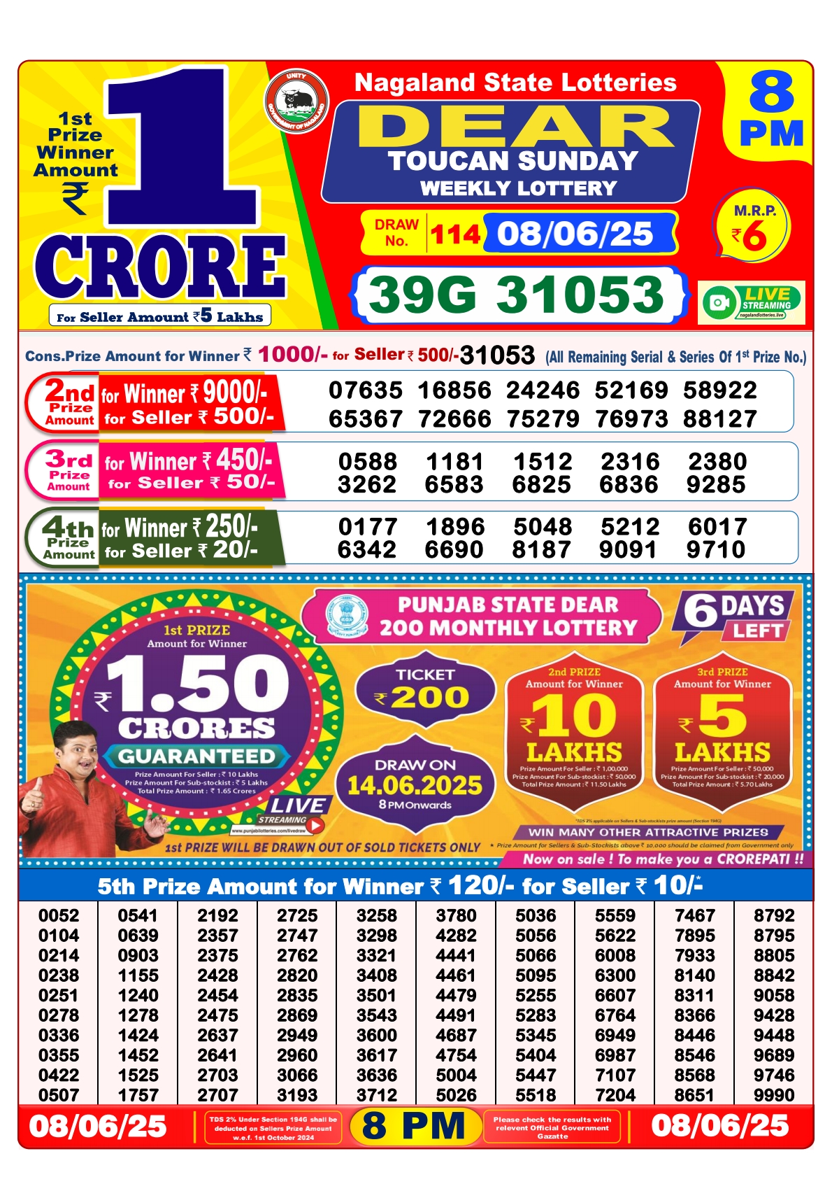 Dear Lottery Chart 8PM Result 08/06/2025 Check Now