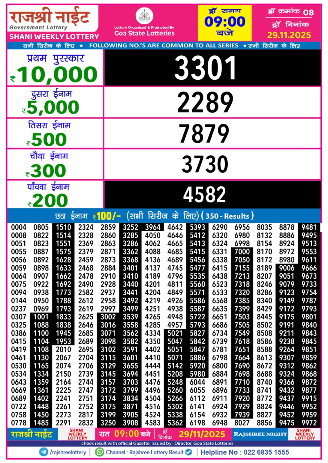 Goa Rajshree Night Lottery Result 9 PM LIVE 29.11.2025: Check Today's ...
